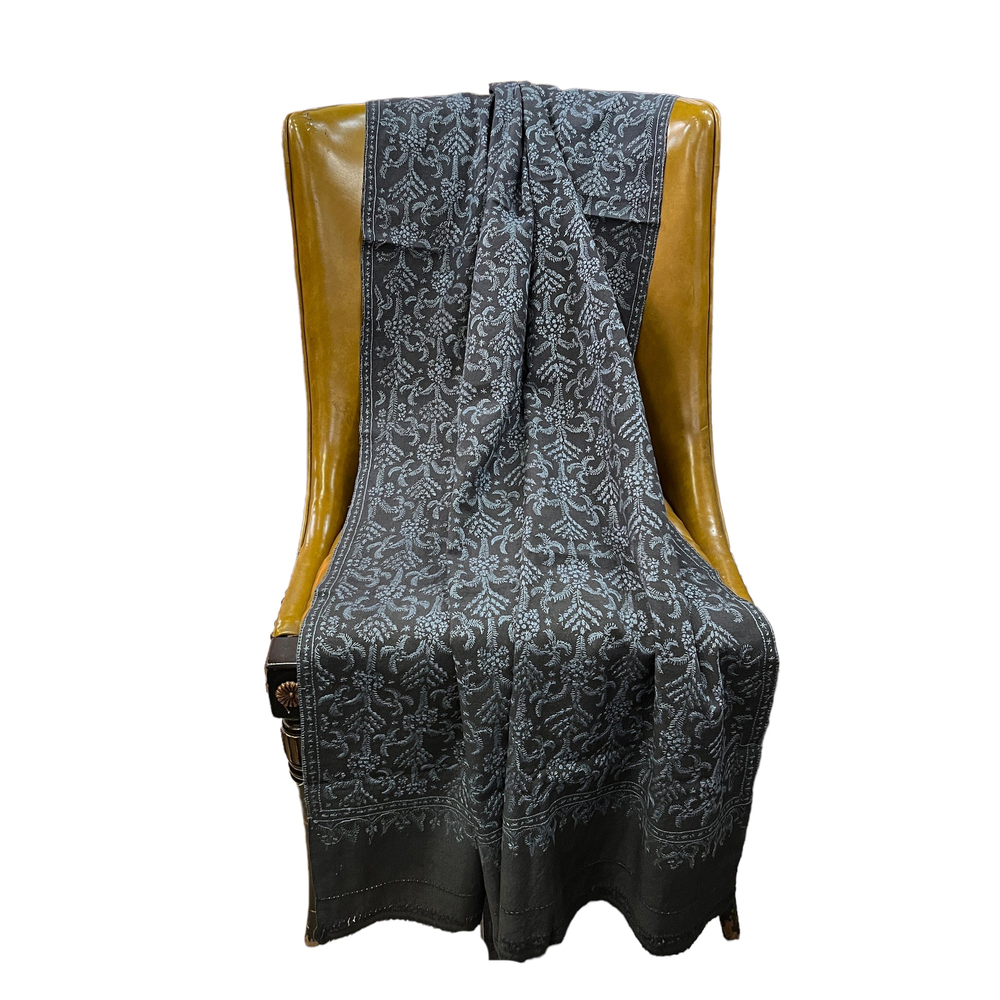 Grey with Steel Blue Embroidered Woolen Shawl